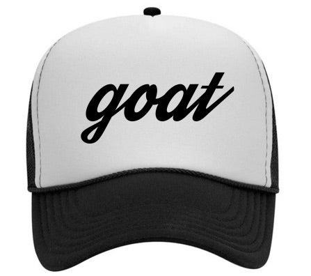 Goat Street Goods Black/White Embroidered Script “goat” Logo Trucker H